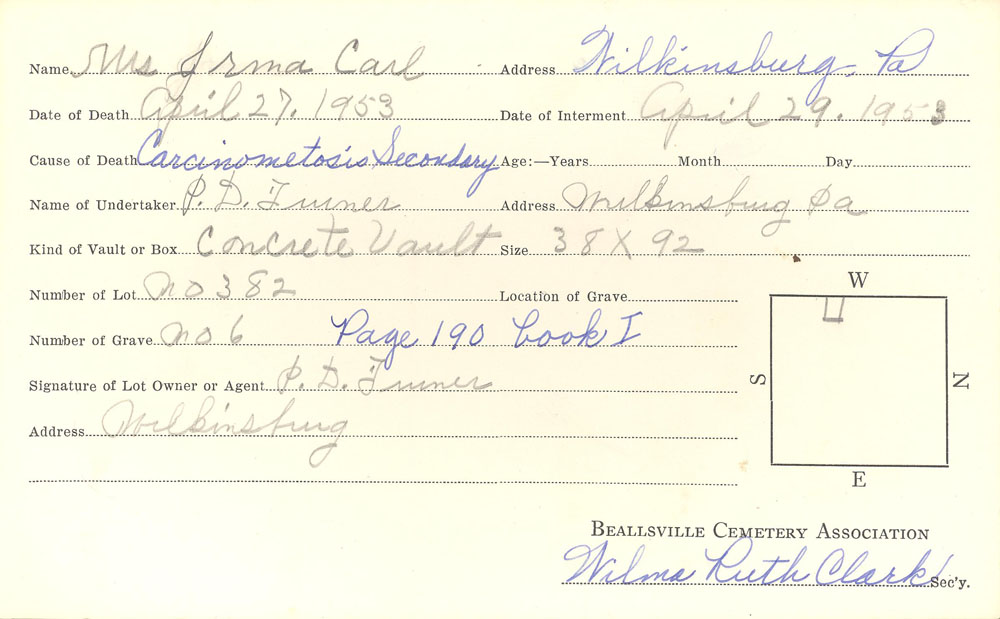 Irma Carl Burial card
