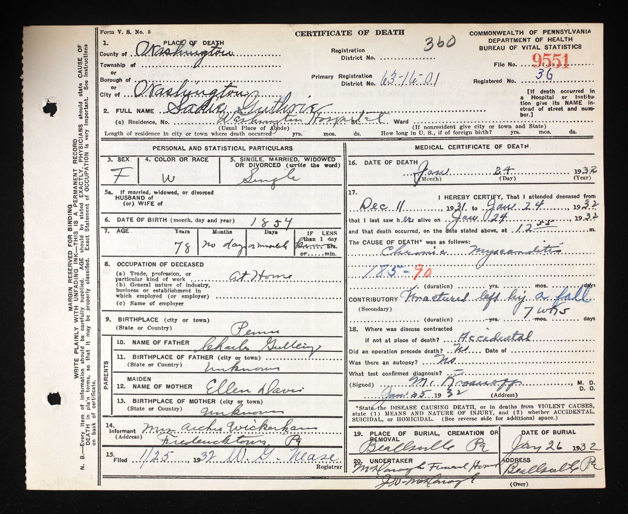 Sadie Guthrie death certificate
