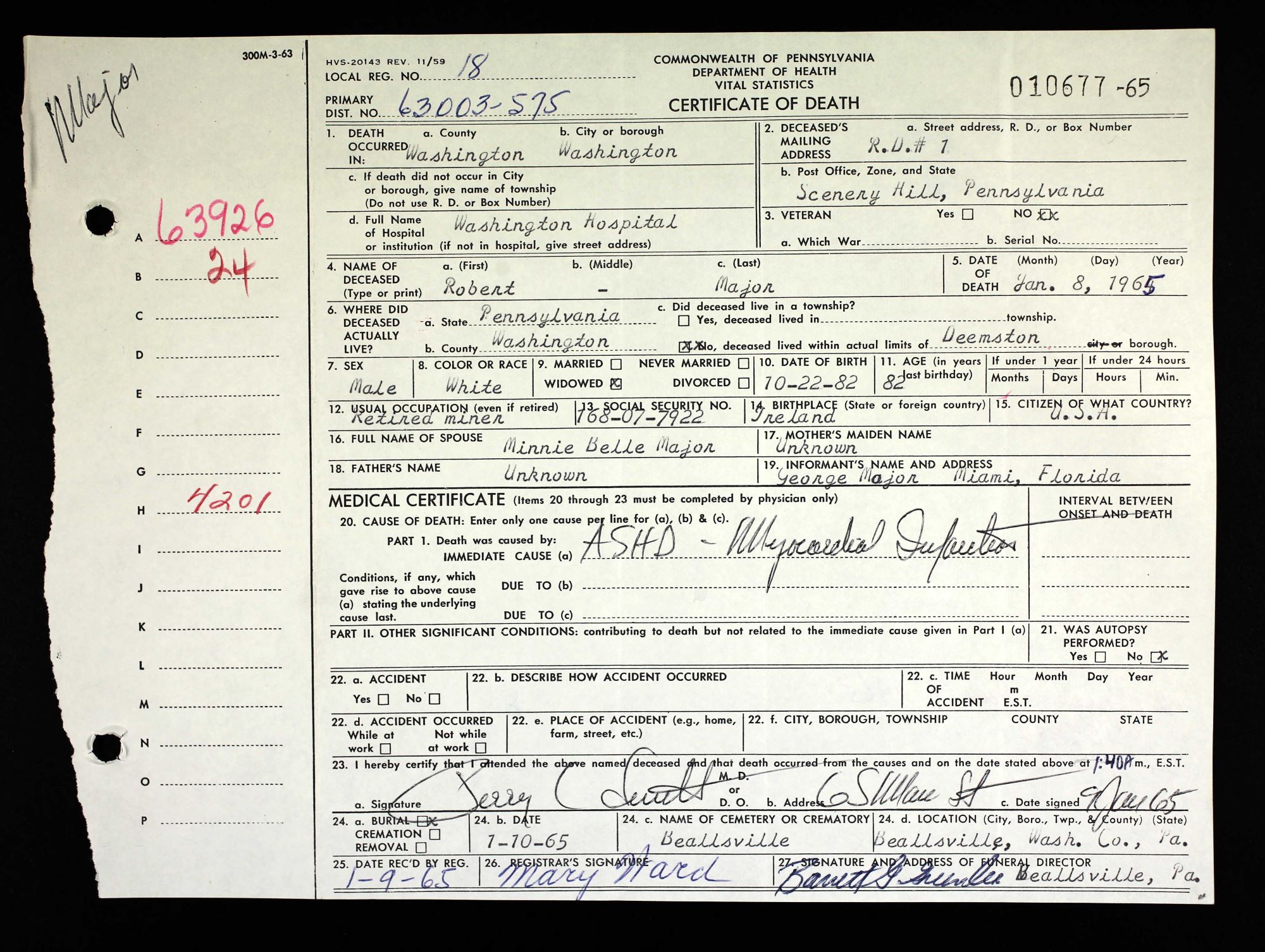 Robert Major death certificate
