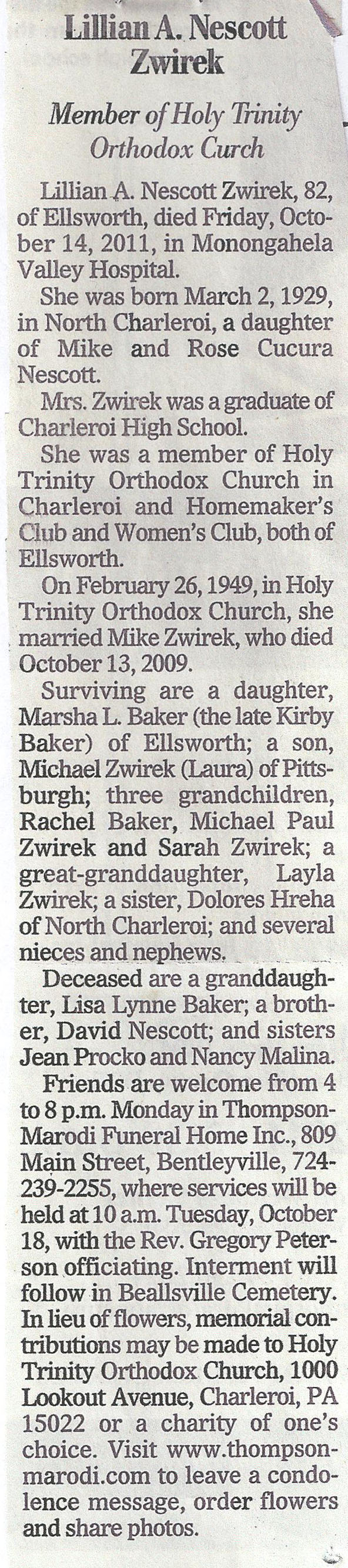 Lillian A. Nescott Zwirek obituary